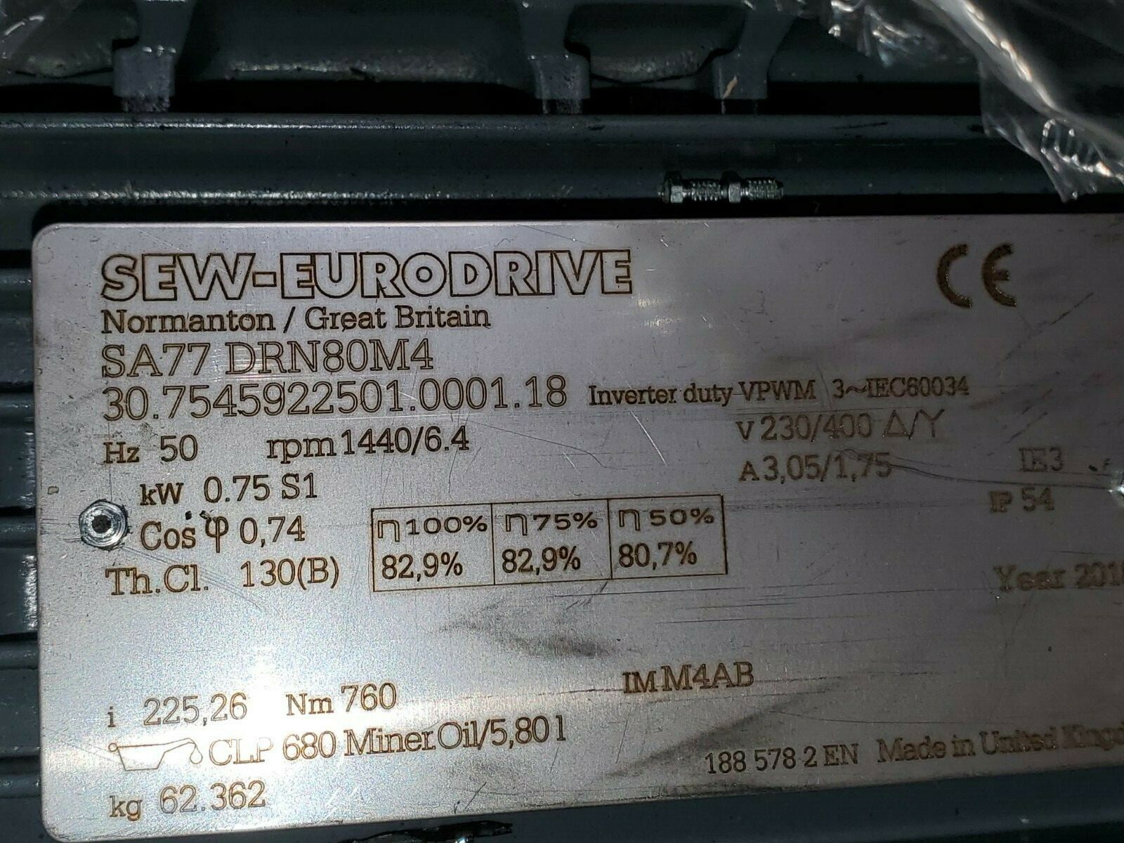 SEW EURODRIVE, SA47/T DRN80M4 GEAR MOTOR, 1440/6.4 RPM, 230/400 - YEAR ...