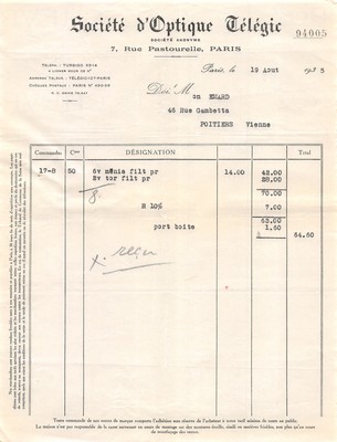 1935 FACTURE OPTIQUE TELEGIC A PARIS - M.EMARD A POITIERS | eBay