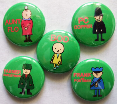BOD AND FRIENDS set of FIVE small Badge Button Pins - RETRO CLASSIC ...