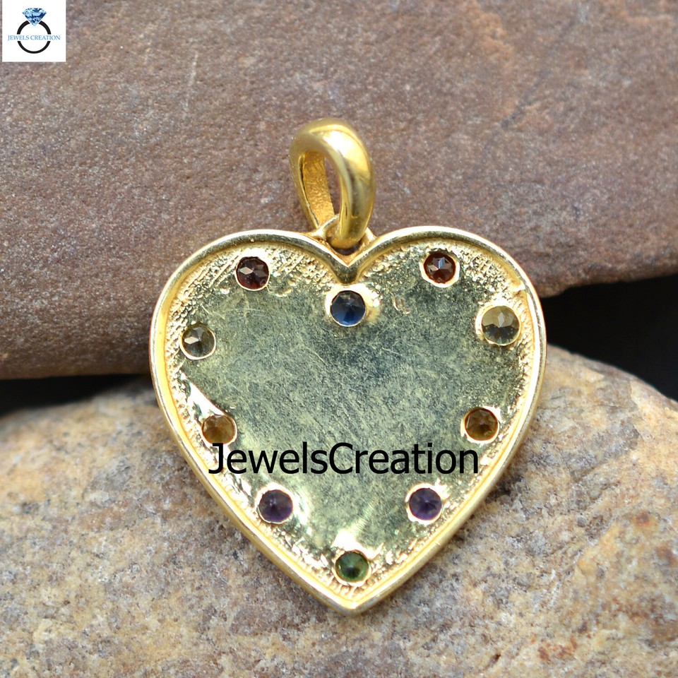 Natural Multi Gemstone Heart Pendant Matte Finish Gold Plated 925 ...