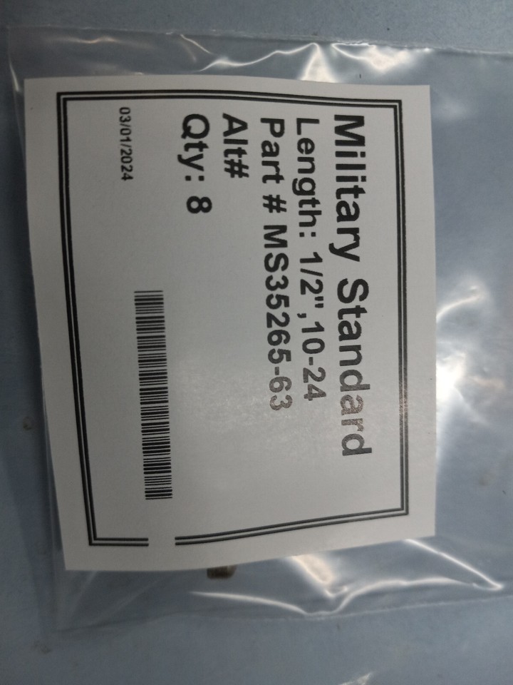 Military Standard P/N MS35265-63 Length: 1/2", 10-24 Fillister Screw (8 ...
