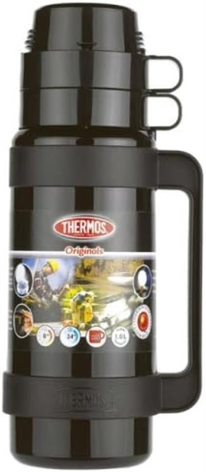 Thermos Flask 1L Glass Double Walled Lined Vacuum Flask 2 Cups Black ...