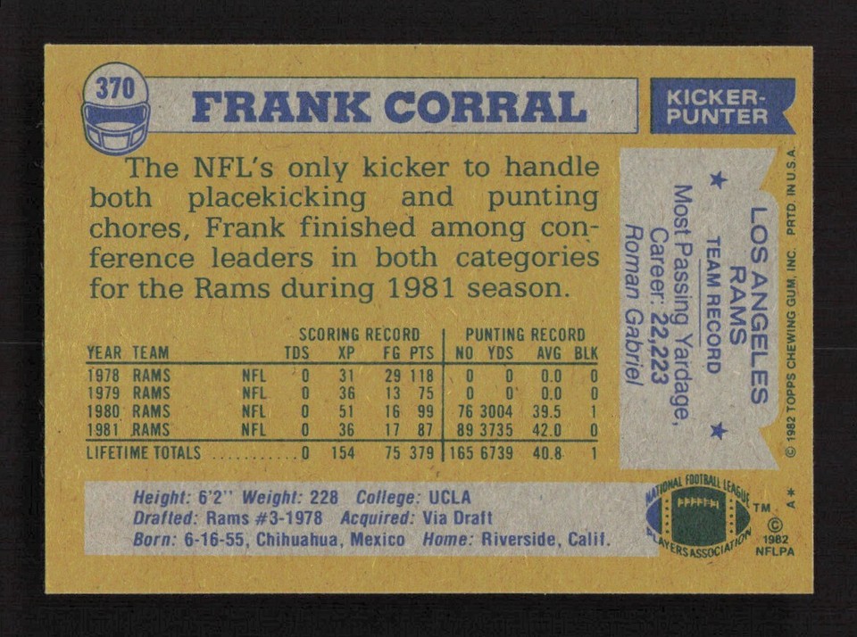 1982 Topps Football Frank Corral #370 Los Angeles Rams | eBay