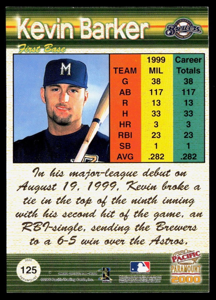 Kevin Barker 2000 Pacific Paramount Green #125 | eBay