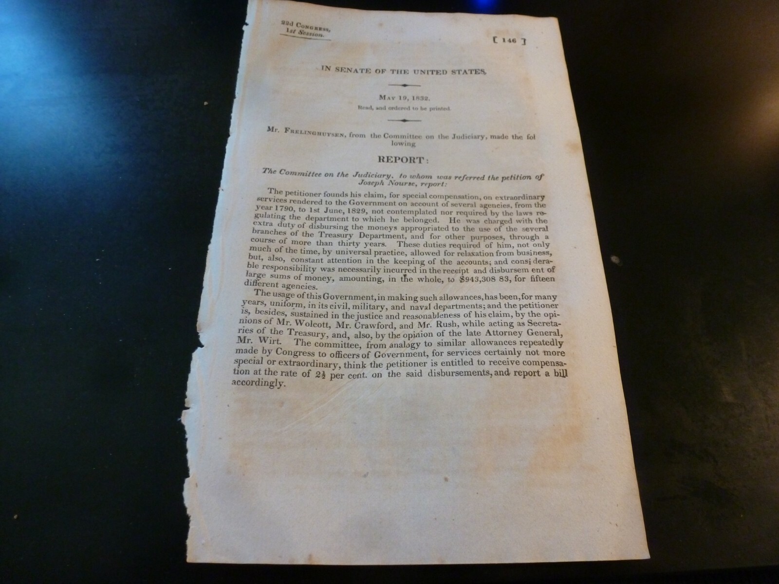 Government Report 1832 Claims Joseph Nourse Special Compensation ...