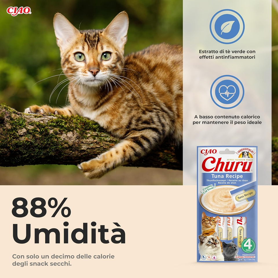 Churu Snack per Gatti Cremoso Con Tonno E Manzo - 12 Pack (48 Stick X ...