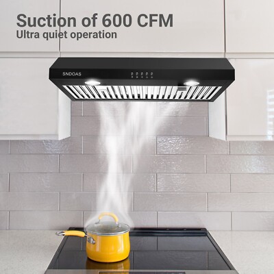 600CFM Kitchen Under Cabinet Range Hood 30in Black Cook Fan w/LEDs 3 ...