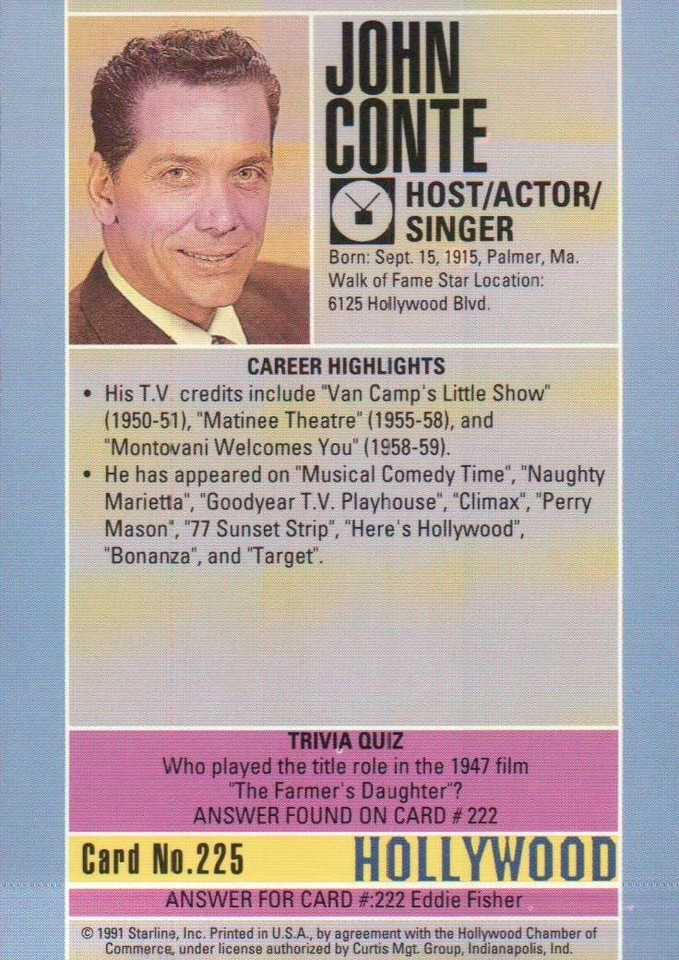 John Conte Host Actor Singer, Hollywood Walk of Fame Trading Card - NOT ...