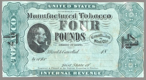 U.S. TOBACCO TAXPAID Stamp TF181A revenue 4 Pounds series 1883 wmk ...