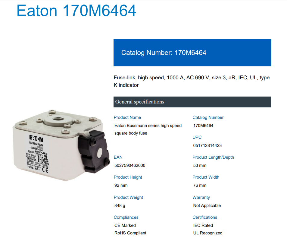 Bussmann 170M6464 High Speed Square Body Fuse ,1000A , 690V | eBay