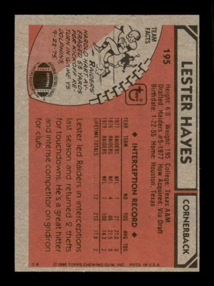 1980 Topps #195 Lester Hayes EX/EX+ RC Rookie Raiders 563829 | eBay