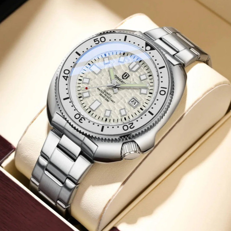 44MM QINGXIYA Tuna Quartz Mens Watch Stainless Steel 30M Waterproof ...