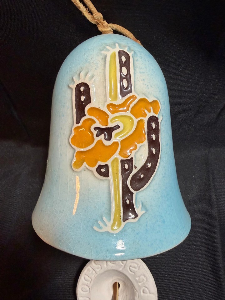 Vintage Legendware Ceramic Wind Chime Bell Blue Floral Design Rawhide ...