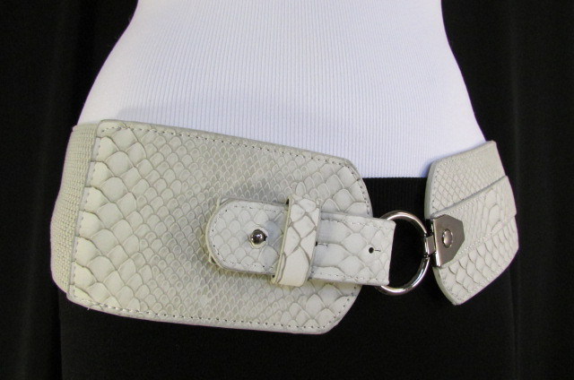 Women Black White Beige Elastic Fashion Belt Snake Skin Wide Faux ...