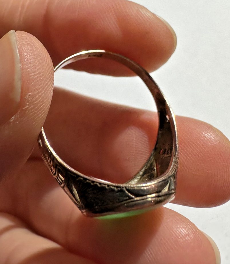 9K Yellow Gold Green Jade Jadeite Etched Vintage Antique Signet Ring Sz ...
