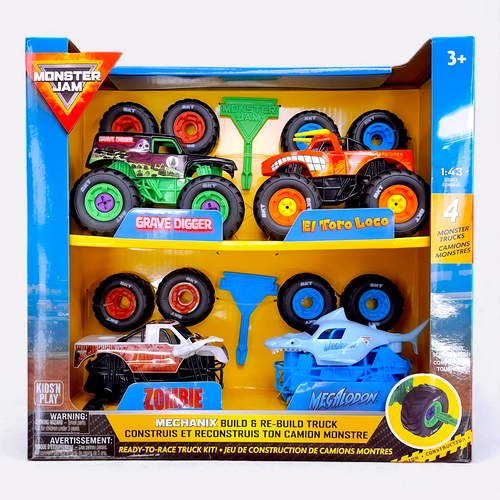 Monster Jam Mechanix 4 Pack Build Rebuild 1/43 El Toro Grave Digger ...