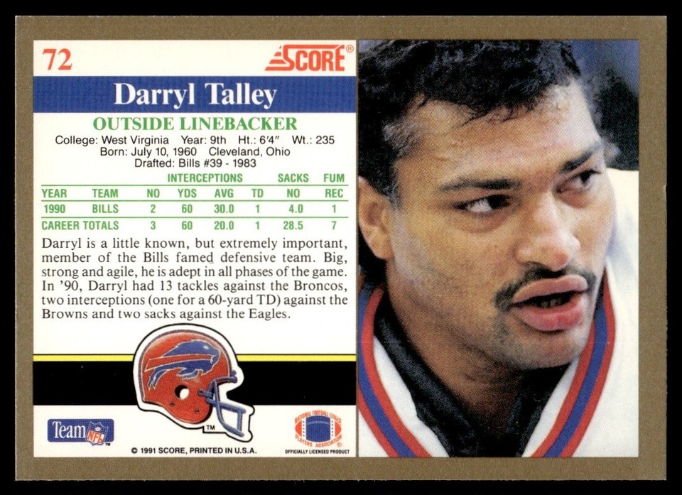 1991 Score Darryl Talley Buffalo Bills #72 | eBay