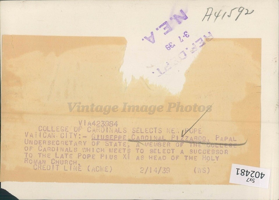 1939 Photo Press Giuseppe Cardinal Pizzardo Papal Undersecretary ...