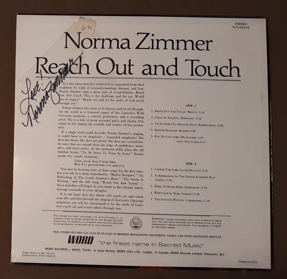 SIGNED Norma Zimmer Reach Out and Touch by Word Records 33rpm VINYL LP ...