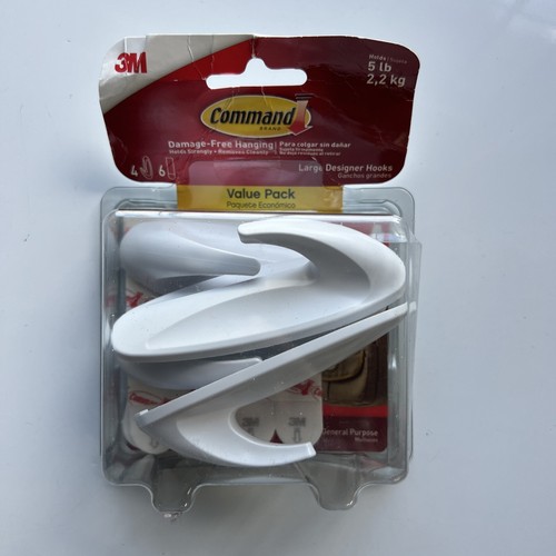 3M Command 4 Large Designer Hooks and 6 Adhesive Strips Per Pack Max 5 lb, White | eBay