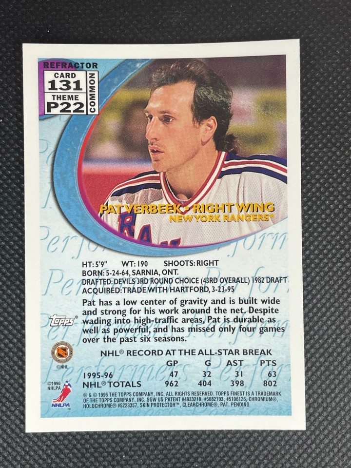 Pat Verbeek - 1995-96 Topps Finest Performers #131 - REFRACTOR New York ...