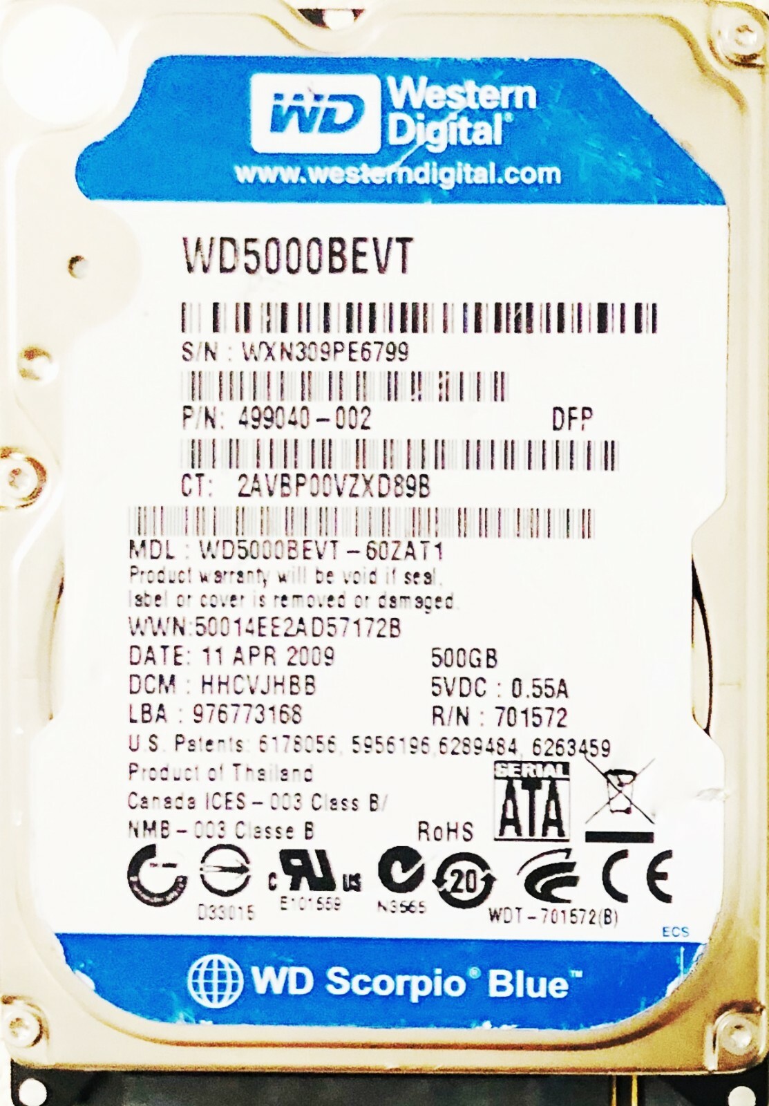 Western Digital WD5000BEVT-60ZAT1 HHCVJHBB APR 2009 500GB SATA 2.5" A22 ...