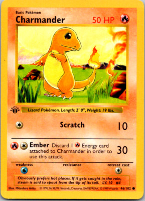 Pokemon Card - Charmander 1st Edition Base Set (Shadowless) 46/102 ...