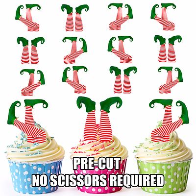 PRE-CUT Elf Elves Legs Edible Christmas Cupcake Toppers Decorations ...