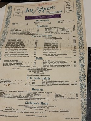 restaurant menu Joe Muer’s 1975 Large | eBay