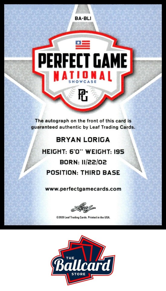 2020 Leaf Perfect Game National Showcase #BA-BL1 Bryan Loriga Blue ...