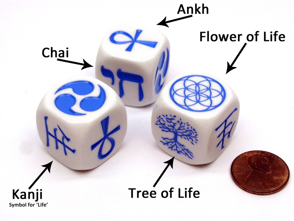 Pack of 3 New Life Symbols 22mm D6 Dice - White with Blue Life Symbol ...