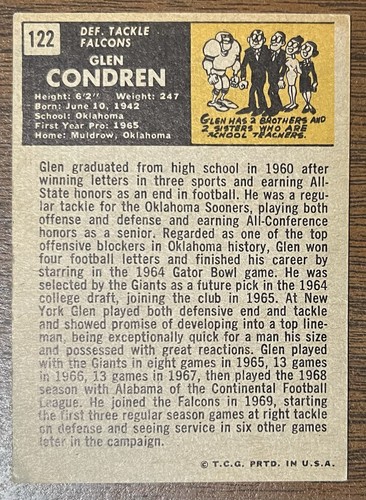 GLEN CONDREN AUTOGRAPHED 1971 TOPPS FOOTBALL ROOKIE CARD # 122 ATLANTA ...