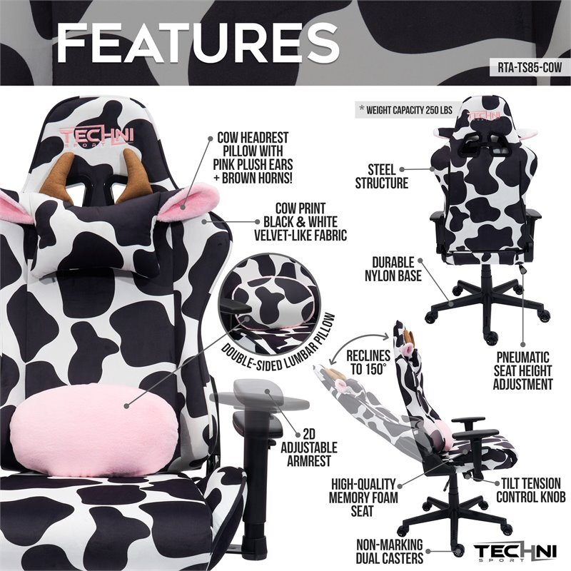 Techni Mobili Sport TS85 COW Print Fabric LUXX Series Gaming Chair ...