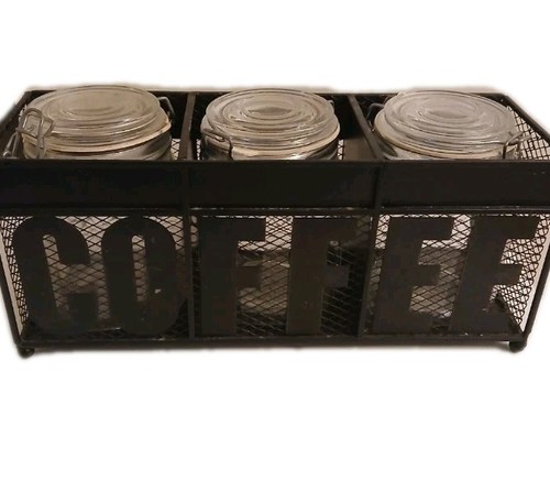 3 MASON JAR Clamp Lid Canisters WITH Black Metal Coffee Bar Display ...