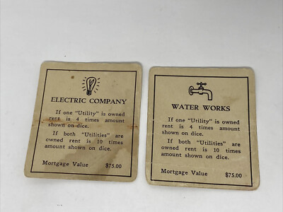 1935 Monopoly PRE PATENT single sided Property Cards Utility Electric ...