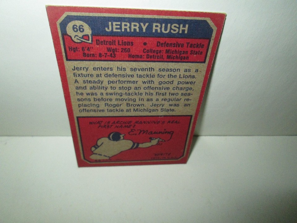 JERRY RUSH 1973 FOOTBALL CARD Topps #66 Spartans DETROIT LIONS DT Exc ...