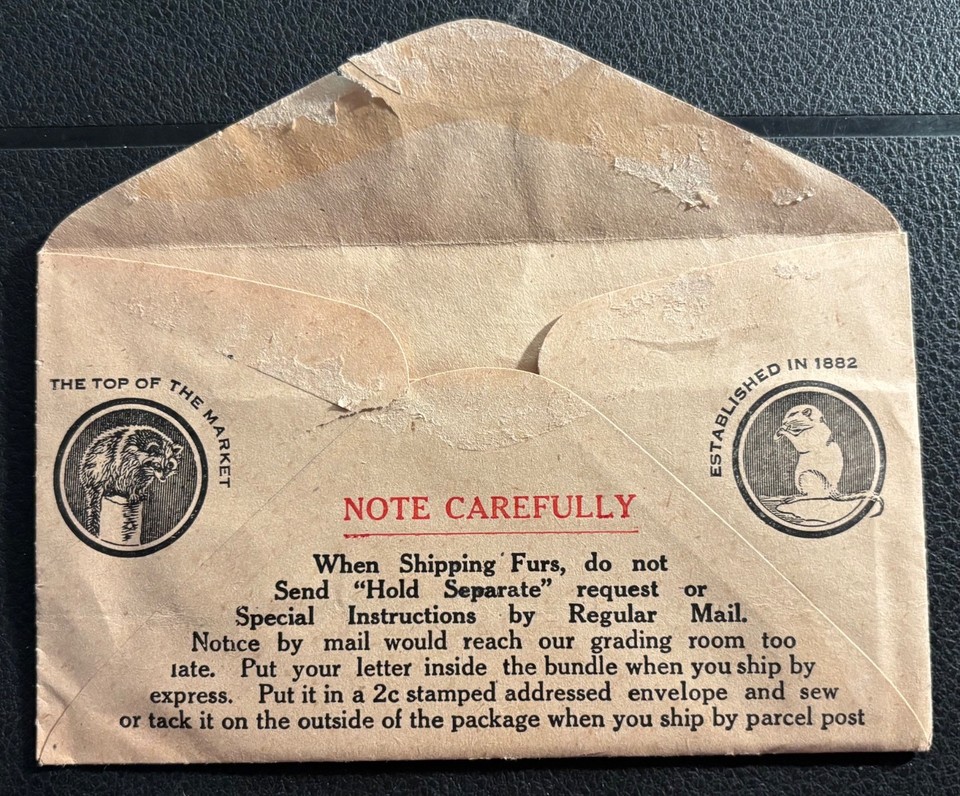 Vintage E.W. Biggs Fur and Trapping Co Return Cover w Original Tie On ...