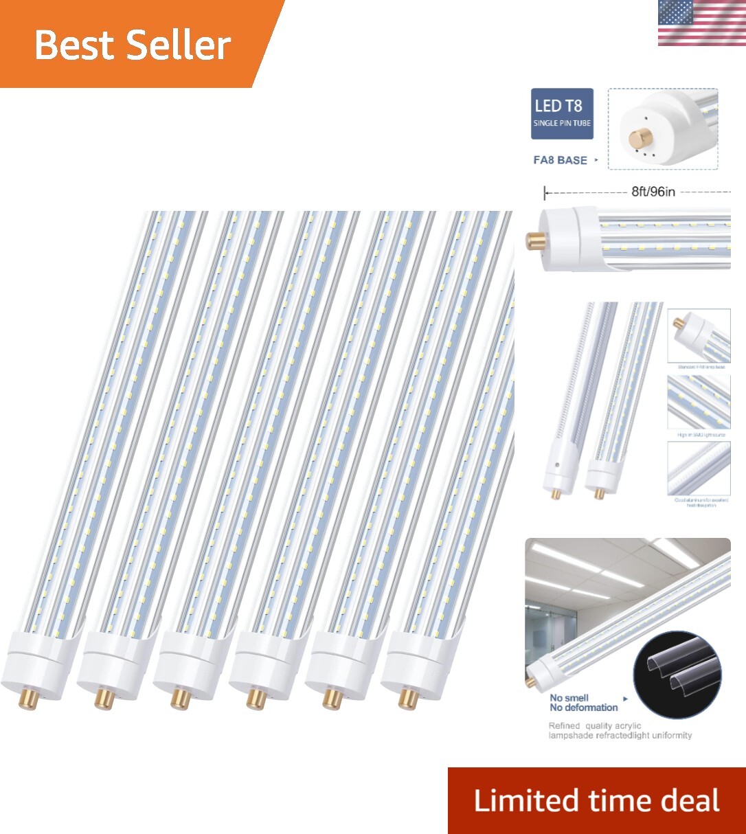 8FT LED Shop Light Bulbs, 8 Foot Led Tube for T8 T10 T12 Fluorescent ...