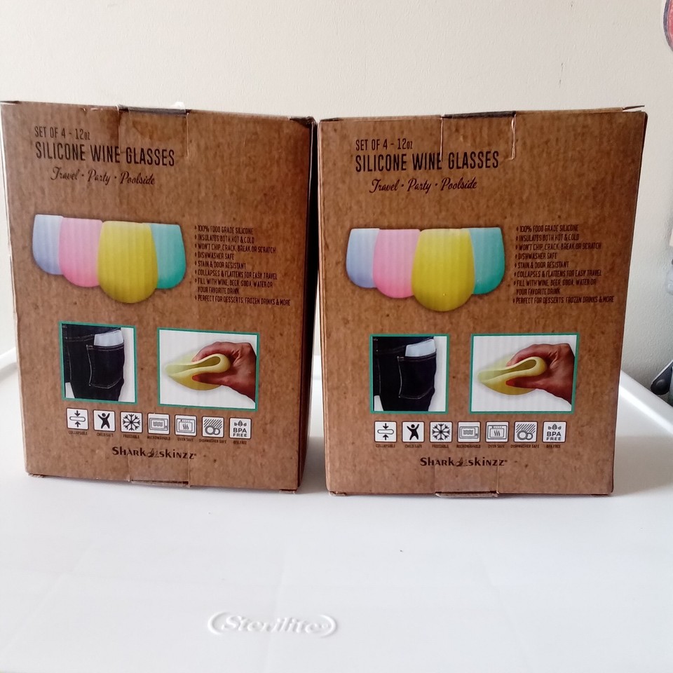 Shark Skinzz NIB Lot of 2 Sets of 4 12 oz Silicone Wine Glasses Pastel ...