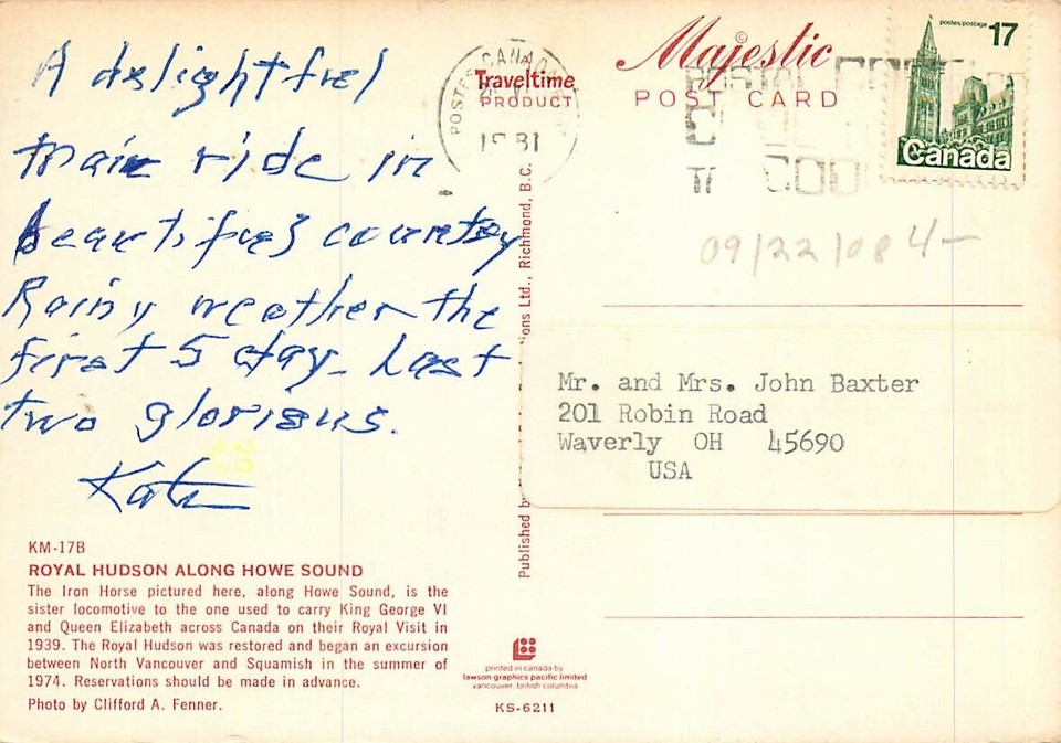 Postcard The Iron Horse, Royal Hudson along Howe Sound, B.C., Canada | eBay
