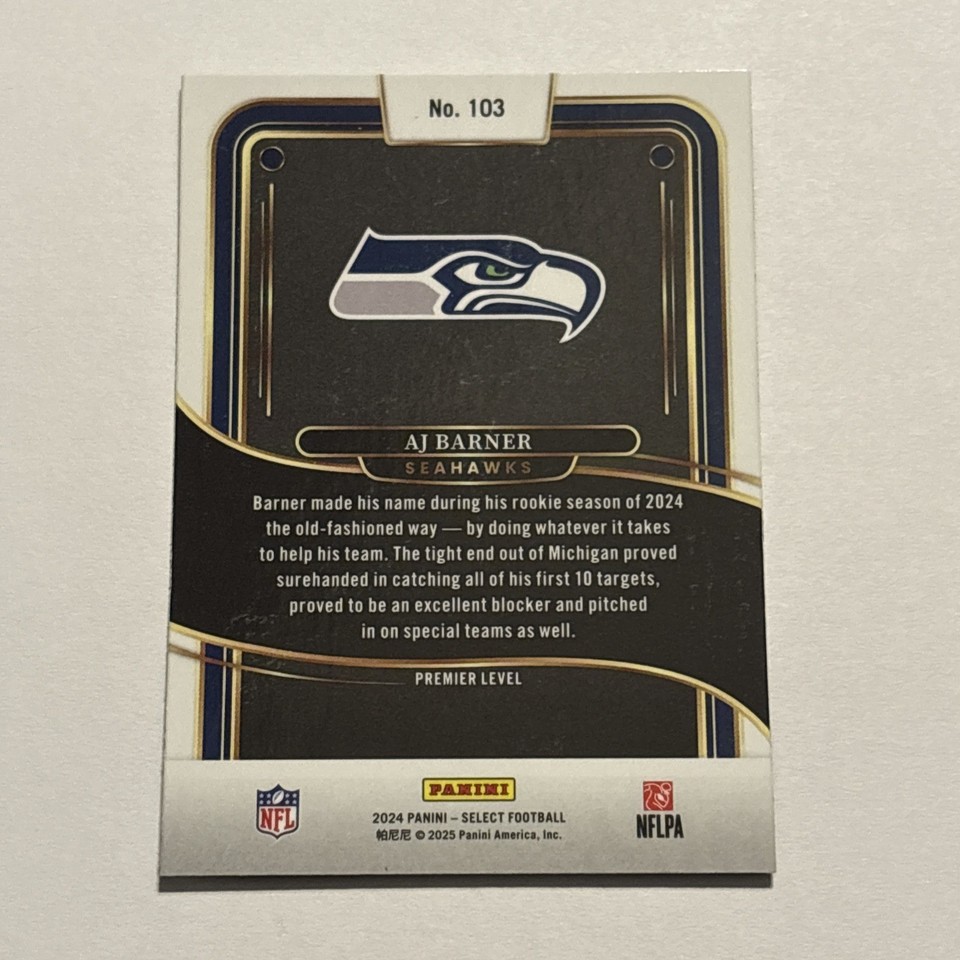AJ Barner 2024 Select Premier Level Rookie Card #103 Seattle Seahawks ...