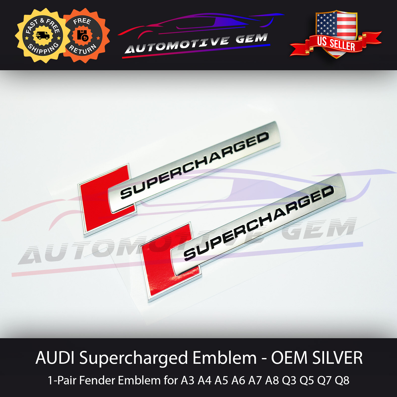 Audi Supercharged Emblem Side Fender Badge Logo Chrome Red Sticker Pair ...