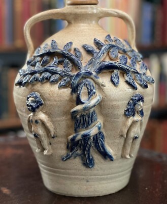 BRUCE STEBNER FOLK ART POTTERY JUG LAMP - ADAM & EVE, SNAKE, TREE OF ...