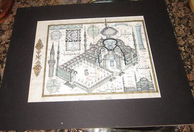 18th c. hand drawn and colored drawing of the Blue Mosque, Ottoman ...