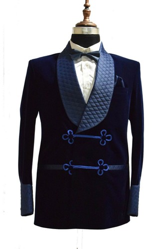 Men Quilted Smoking Jacket Blue Velvet Frogging Blazer Dressing Gown ...