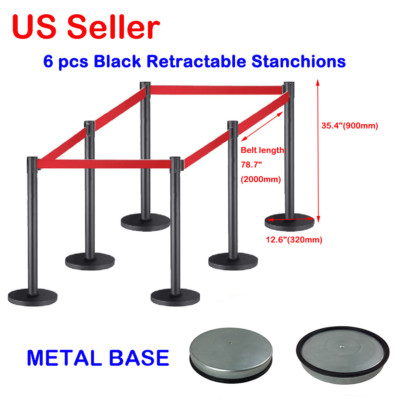 6PCS Retractable Red Belt Stanchions Posts Queue Black Pole Crowd ...
