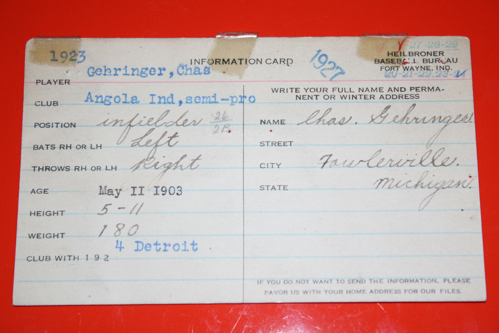 Antique 1923 CHARLIE GEHRINGER Detroit Tigers Signed Heilbroner ...