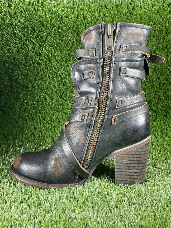 🔥Freebird Baker Boots Black Brown Stacked Heel Leather Strappy | Sz 8 ...
