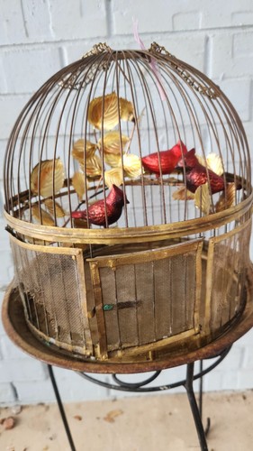 Antique Hendrix Bird Finch Canary Cage W/ Glass Cardinals & Curtis Jeer ...