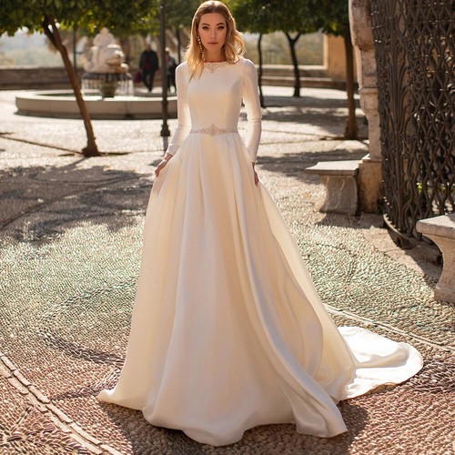 Modest Long Sleeves Wedding Dresses Beaded Backless Buttons Satin ...